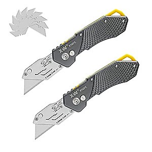 XW Folding Utility Knife, Heavy Duty Box Cutter with Belt Clip, Quick Change Blades, Anodized Aluminum Alloy Handle, Extra 10 Blades Included, 2-Pack