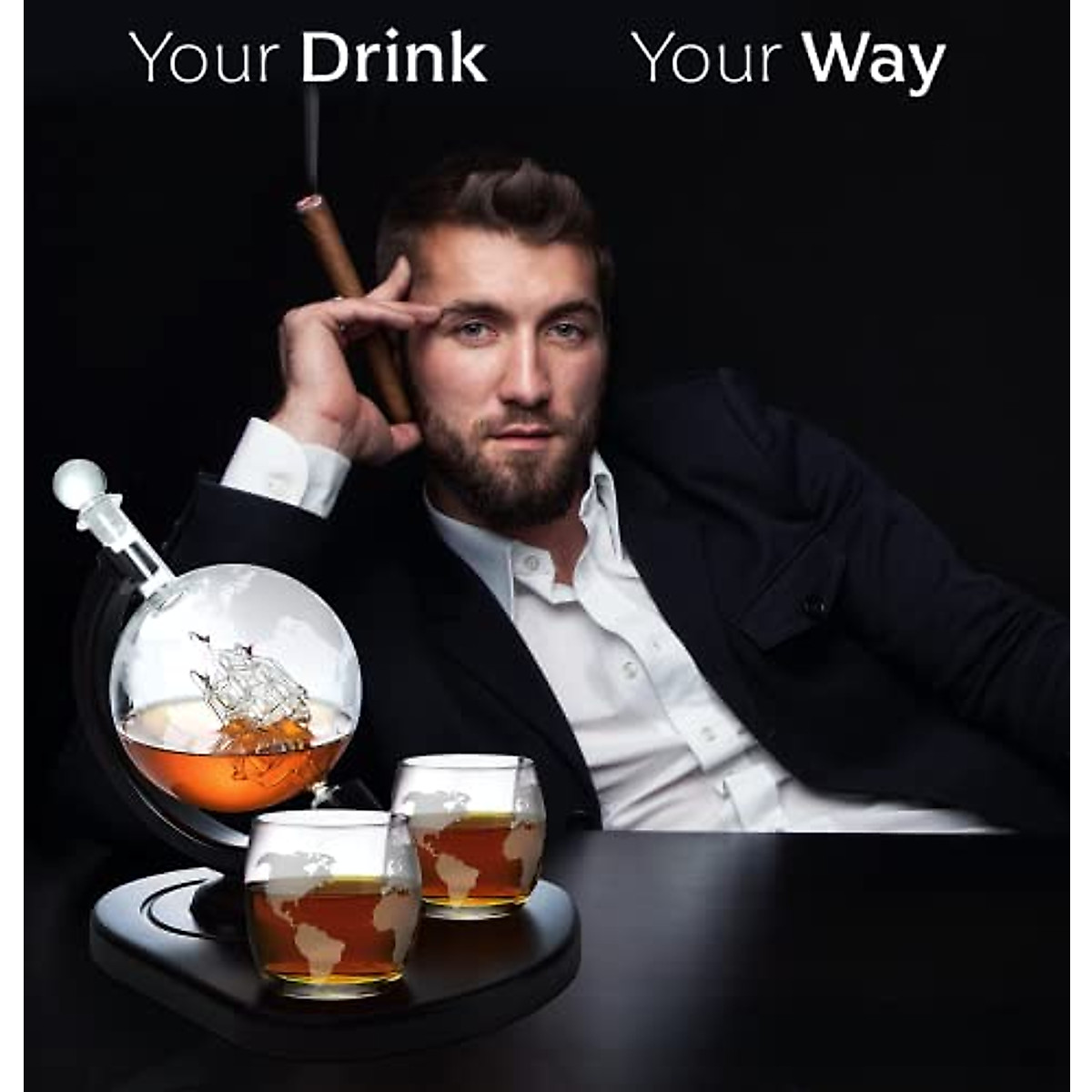 SALE | Whiskey Decanter Globe Set with 2 Etched Globe Whisky Glasses - Included - Whiskey Stones, Ice Tong, Coasters - Gifts For Men Dad - Liquor, Bourbon, Scotch, Vodka with a Wood Stand - 850ml