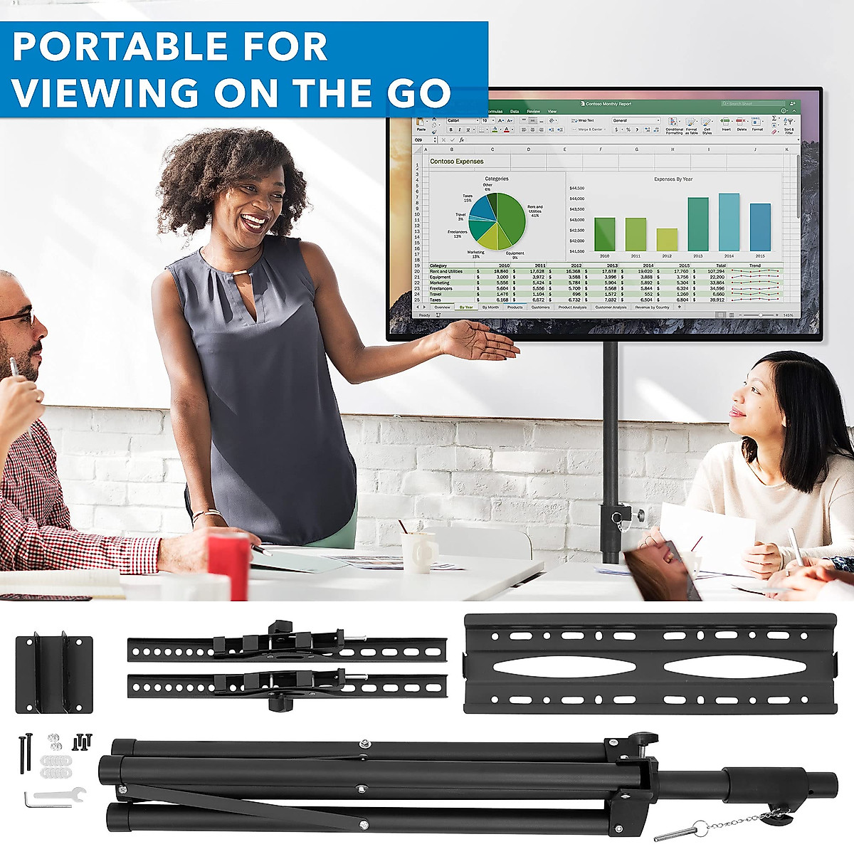 Mount-It! TV Tripod Stands for Flat Screens - Holds 77 Pounds and Carries 43-65 Inch Flat or Curved Screens | TV Floor Stand Adjustable Max Height of 6 Feet | Portable Tv Stands Assembles in Seconds