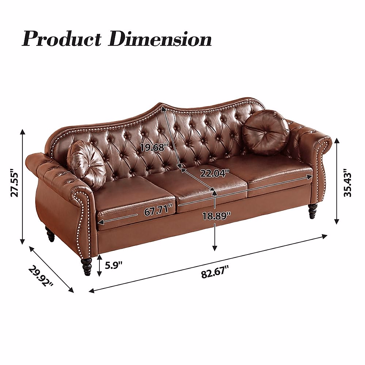 Modern PU Tufted Couch 3 Seater with Rolled Arms and Nailhead, Deep Button Nailhead Tufted Black Upholstered Couches, Roll Arm Classic Tufted Chesterfield Settee Leather Sofa for Living Room (Brown)