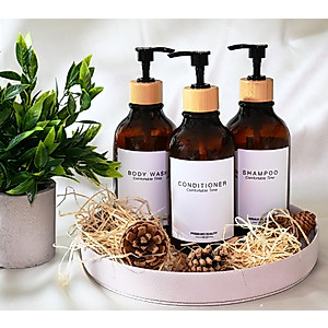 3-Pack Amber Plastic Pump Bottles, BPA-Free Refillable Dispensers for Shampoo, Conditioner, Soap & Oil, Bamboo Pump Head, 16.9oz (500ml)(Amber)