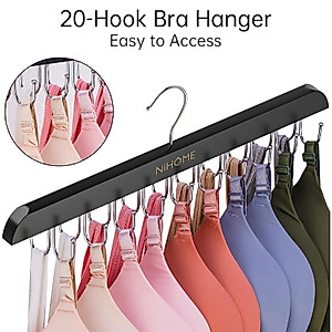 NiHome Double-Row Rotating Hooks Bra Hanger with 20 Stainless Steel Hooks, Space-Saving Organizer for Lingerie, Scarves, Ties & Accessories, Optimizes Closet Order Fits Standard Closet (Black, 2PCS)