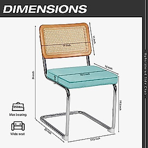 MeetLeisure Rattan Dining Chair Set of 2, Mid-Century Modern Chairs with Metal Chrome Legs, Armless Cane Back Chairs with Upholstered Cushion for Home Kitchen Dining Room, Aqua