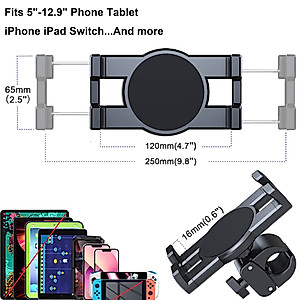 Timewall Tablet Phone Mount with Clamp, Universal iPad iPhone Holder Stand for Spin Bike, Stationary Exercise Bicycle, Treadmill, Elliptical, Mic Stand, Boat, Handlebar, Fits 5-12.9" Tab Phone
