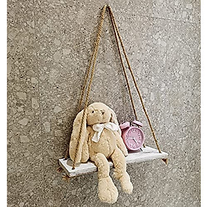 HoreZer Wood-Rope Hanging Floating Shelves Wall Decor Set of 2, Rustic White Wall Shelf with 4 Hooks and 4 Ropes,Wall Hanging Rope Shelves for Garden Kitchen Bathroom Living Room