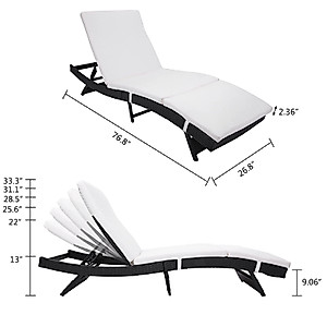 fuhan Outdoor Adjustable Pool Chaise Lounge Chair PE Rattan Wicker Patio Leisure Lounge Chair with Cushion for Beach Garden Backyard 195 * 68 * 33 cm Black Frame