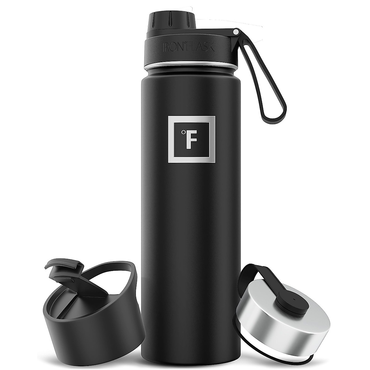 IRON °FLASK Camping & Hiking Hydration Flask with 3 Lids - Stainless Steel, Double Walled & Vacuum Insulated Water Bottle - Leak Proof & BPA Free (Midnight Black, Spout - 22 oz)