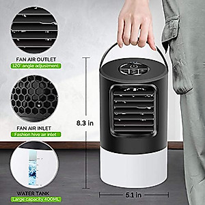 OVPPH Portable Air Conditioner Fan, Personal Evaporative Cooler Mini Desk Cooling Fan with Handle, 3 Speeds, Timer, 7 LED Light Circulator Humidifier Misting for Bedroom Home Office, Fashion Black