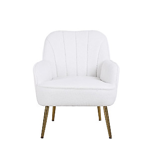 Goujxcy Teddy Barrel Chair Accent Armchair with Golden Legs for Living Room Bedroom Home Office, Tufted Back Club Chair (White3)