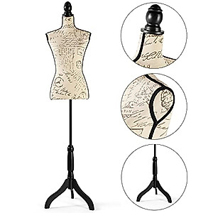 Female Mannequin Torso with Stand, Height Adjustable from 52'' to 67'' Dress Form with Tripod Base, for Dress Jewelry, Display, Beige Printing