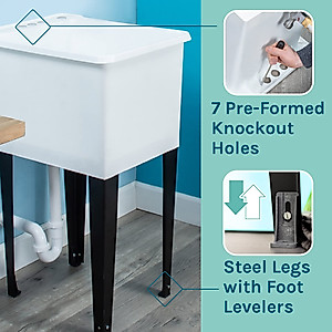 White Space Saver Utility Sink by JS Jackson Supplies, Freestanding Tehila Space Saving Laundry Tub, Black Pull-Out Faucet, Soap Dispenser