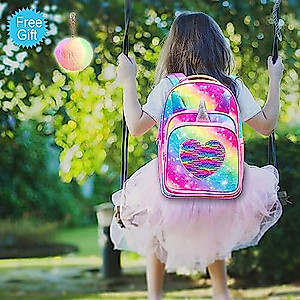 gxtvo 3PCS Girls Backpack, 16" Unicorn Rainbow Sequin Preschool Elementary Bookbag and Lunch Box