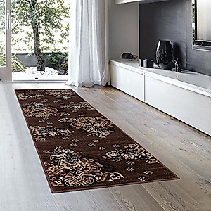 CHAMPION RUGS Floral Abstract Modern Contemporary Flower Pattern Design Area Rug Chocolate Brown Black Gold and Beige (2 Feet X 7 Feet Runner)