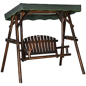 Outsunny 2-Person Patio Swing Chair, Outdoor Hanging Wooden Porch Bench Loveseat w/Adjustable Canopy and Side Trays for Garden, Poolside, Backyard