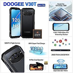 DOOGEE V30T 2023 5G Rugged Smartphone,20GB+256GB Smartphone,66W/10800mAh Battery Cellphone,120Hz 6.58"108MP Camera Rugged Phone Unlocked, Dual Speakers, Night Vision, IP68 Waterproof,NFC/OTG,T-Mobile