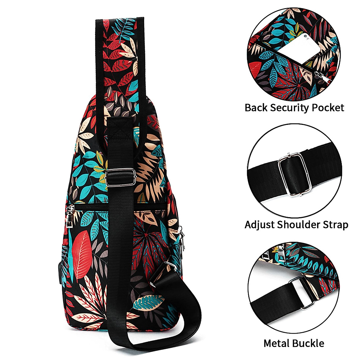 Seoky Rop Men Women Sling Backpack Anti Theft Crossbody Shoulder Chest Bag with USB Charging Port, Leaves