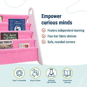 Wildkin Kids Modern Sling Bookshelf for Boys and Girls, Wooden Design Features Two Top Handles and Four Fabric Shelves, Helps Keep Bedrooms, Playrooms, and Classrooms Organized (White and Pink)