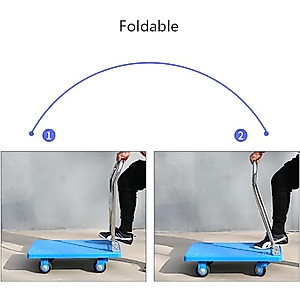 ELEFOCUS Flatbed Hand Cart Platform Truck Thicken Hand Cart with 360 Degree Swivel Wheels and Foldable Handle Silent (Size:88 * 58-550lb)