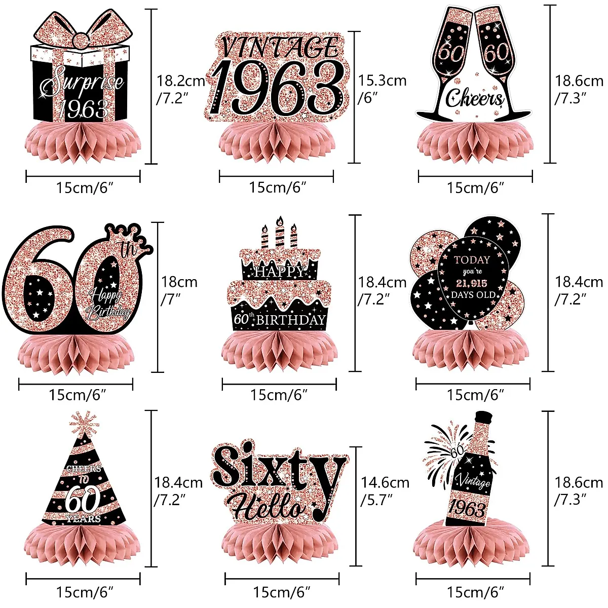 LITAUS, Rose Gold 60th Birthday Decorations Honeycomb Centerpieces for Table - Pack of 9 | 60th Birthday Table Decorations Women | Happy 60th Birthday Decorations