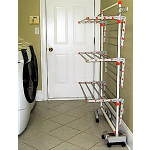 idee BDP-V23 Foldable Rolling 3-Tier Clothes Laundry Drying Rack with Stainless Steel Hanging Rods, Collapsible Shelves and Base for Easy Storage, Made-in-Korea, Premium Size, Orange