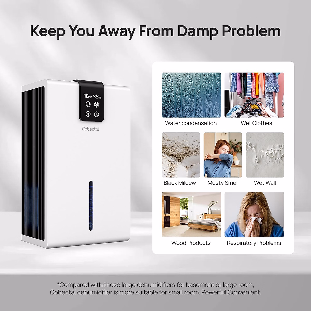 Cobectal Electric Dehumidifier for Home, Portable Dehumidifier Auto Shut Off, 3 Modes with 95oz Water Tank, Air Dehumidifier with Colorful Light for Basement, Bedroom, Bathroom, Closet (White)