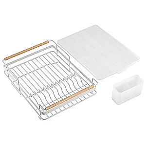 mDesign Modern Metal Kitchen Dish Drainer Drying Rack with Plastic Cutlery Tray, Drainboard, and Natural Wood Handles - Drip Drain Storage for Sink or Countertop - Matte White/Frost
