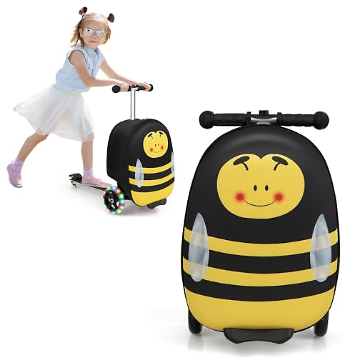 Goplus 2-in-1 Ride On Suitcase Scooter for Kids, Carry on Luggage with LED Flashing Wheels, Waterproof Shell, Retractable Steering Handle, Lightweight Folding Scooter for Boys Girls Travel (Bee)