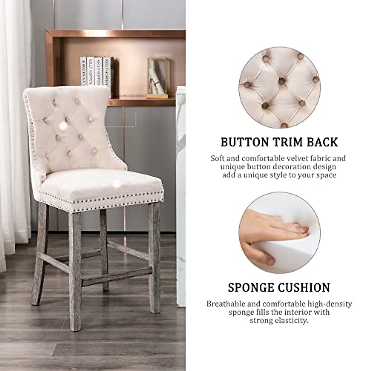 Kiztir Velvet Bar Stools Set of 2, 27" Counter Height Bar Chairs with Button Decor, Nailhead Trim, Solid Wooden Legs, Beige Modern Upholstered Bar Stools for Kitchen, Cafe, Pub