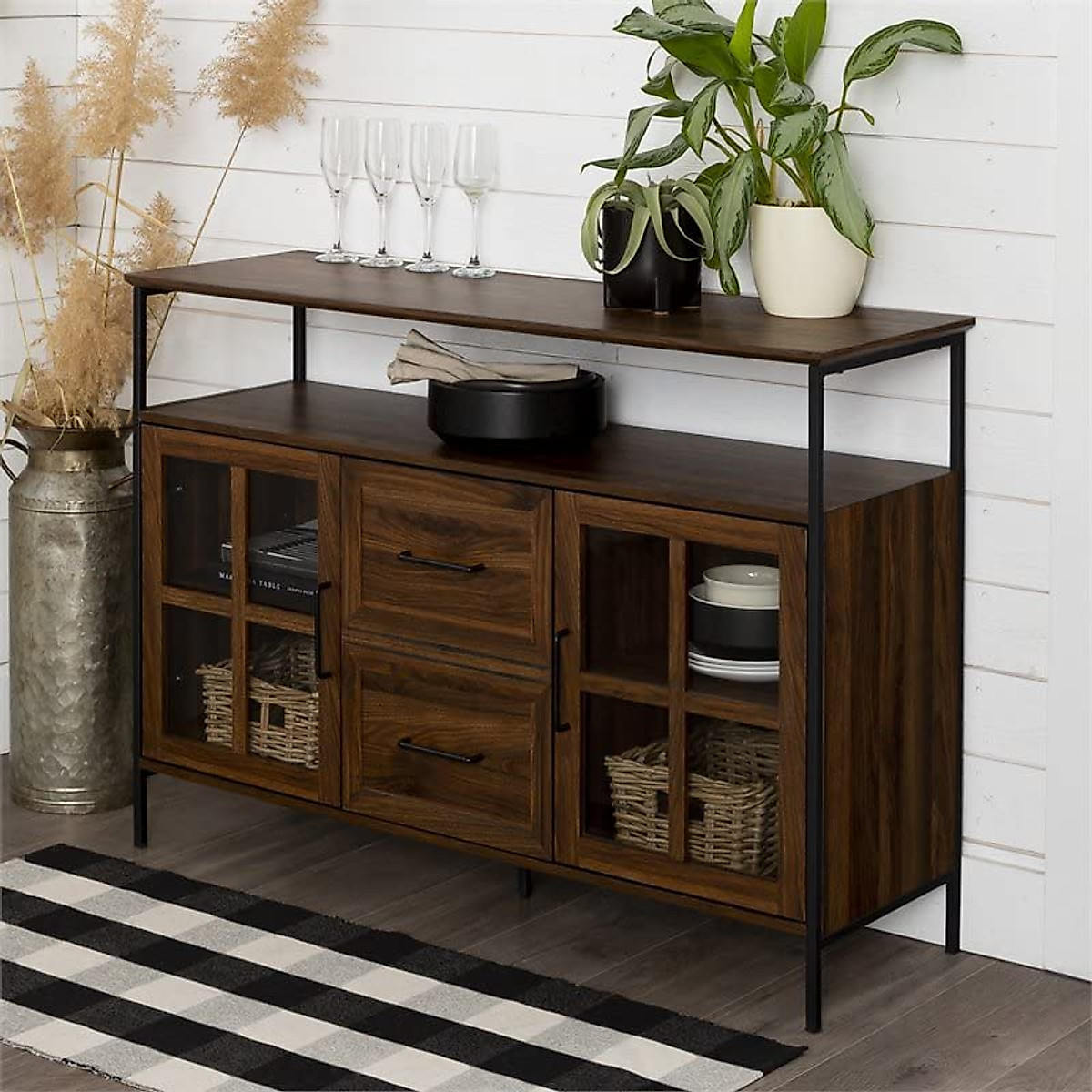 Walker Edison Furniture AZU48RAD3DDW Industrial 3-Door Buffet Sideboard for Kitchen-Dining Room, 48, Dark Walnut