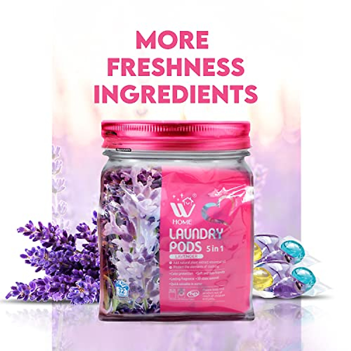 5-in-1 Laundry Pods, 32 Count Bag, High Efficiency (HE), Ultra Concentrate with Powerful Stain Lifter Technology, Fabric Softener With Lavender Extracts, Detergent Pods