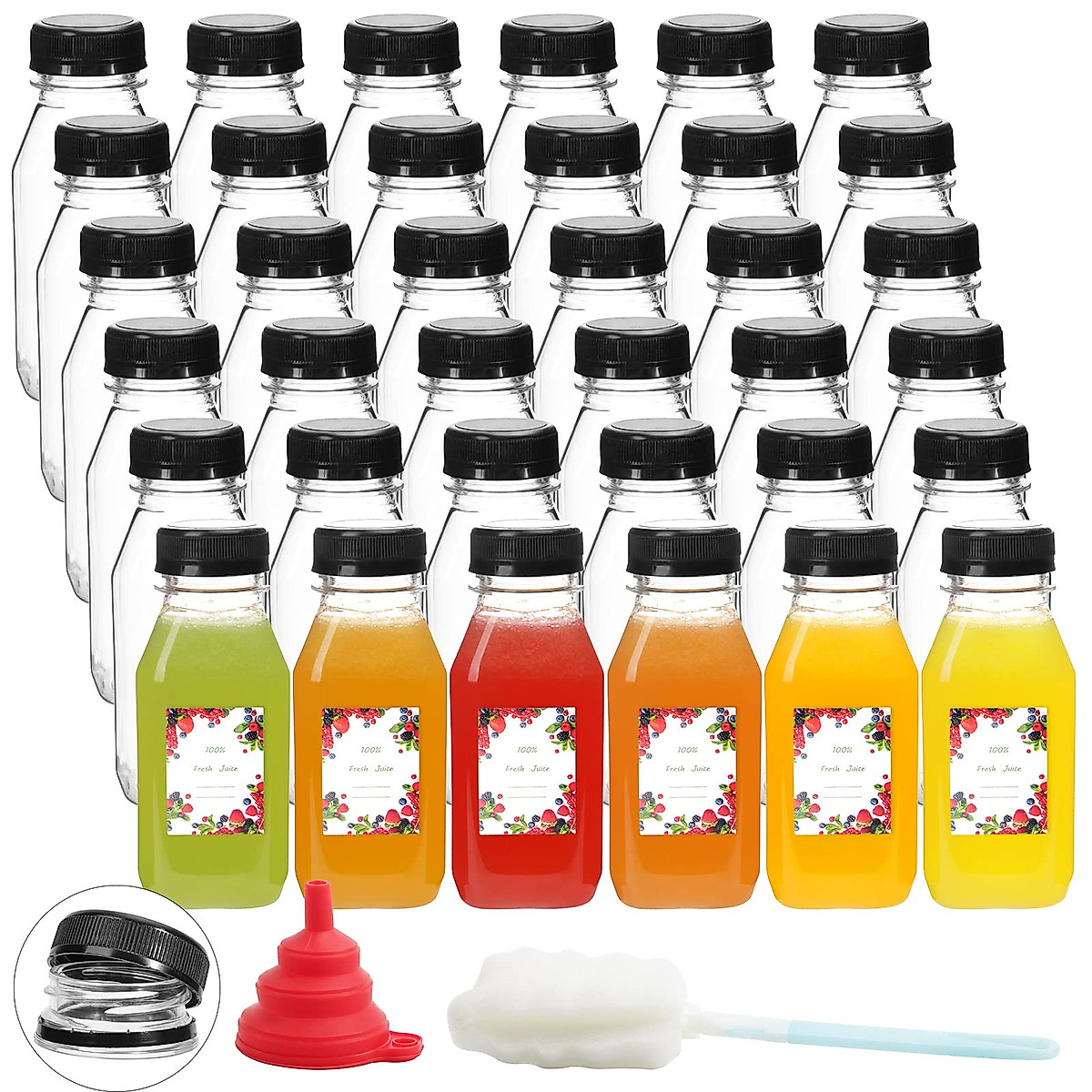 OAMCEG 36 PCS Juice Bottles with Caps, 8 oz Small Bottles for Liquids, Plastic Containers with Lids, Clear Juicing Bottles Reusable, Mini Fridge Bottles for Juicing, Smoothie, Drinking, Beverages