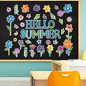 AIEX 53pcs Hello Summer Cut-Outs Floral Cut Outs and Flower Cut Out Paper Elementary Classroom Bulletin Board Decorations for Back to School Bedroom Summer Themed Party Decor