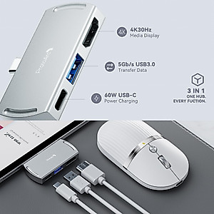 ProtoArc USB C Wireless Bluetooth Mouse, Multi-Device HubMouse with Type C Hub Portable Silent Rechargeable Computer Laptop Mouse for ipad, PC, Tablet, MacBook, Surface Pro-Silver