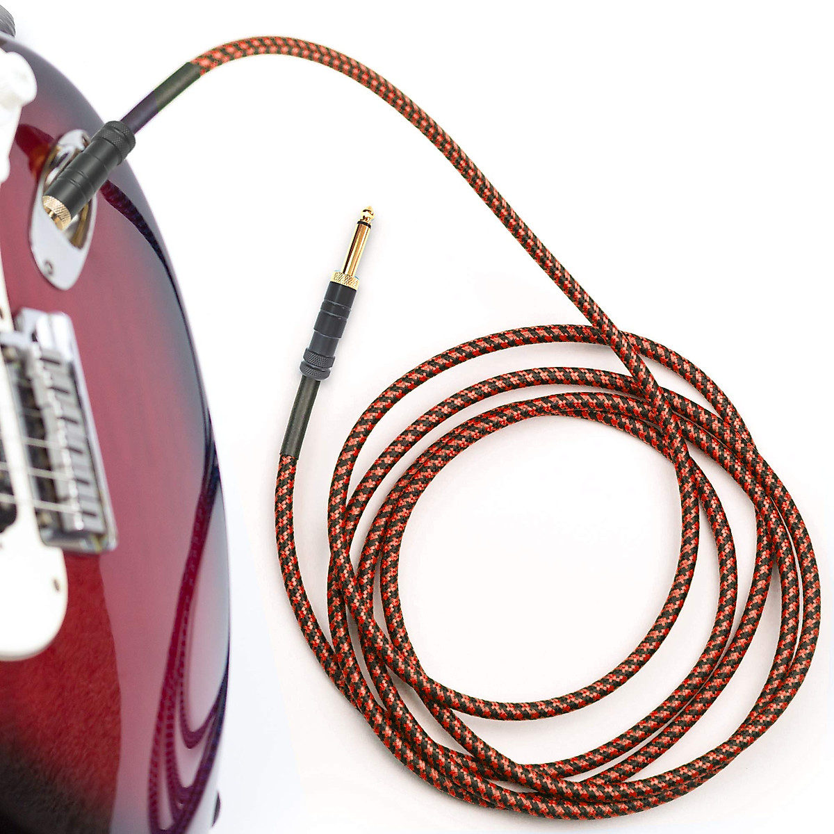Guitar Cable 10 ft - 1/4 Inch Right Angle Red Instrument Cable - Professional Quality Electric Guitar Cord and Amp Cable - Low Noise Bass and Guitar Lead - Reliable Cords for a Clean Clear Tone