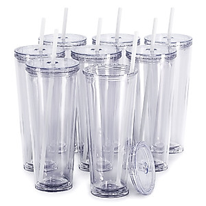 Maars Classic Acrylic Tumbler with Lid and Straw | 24oz Premium Insulated Double Wall Plastic Reusable Cups - Clear, 8 Pack