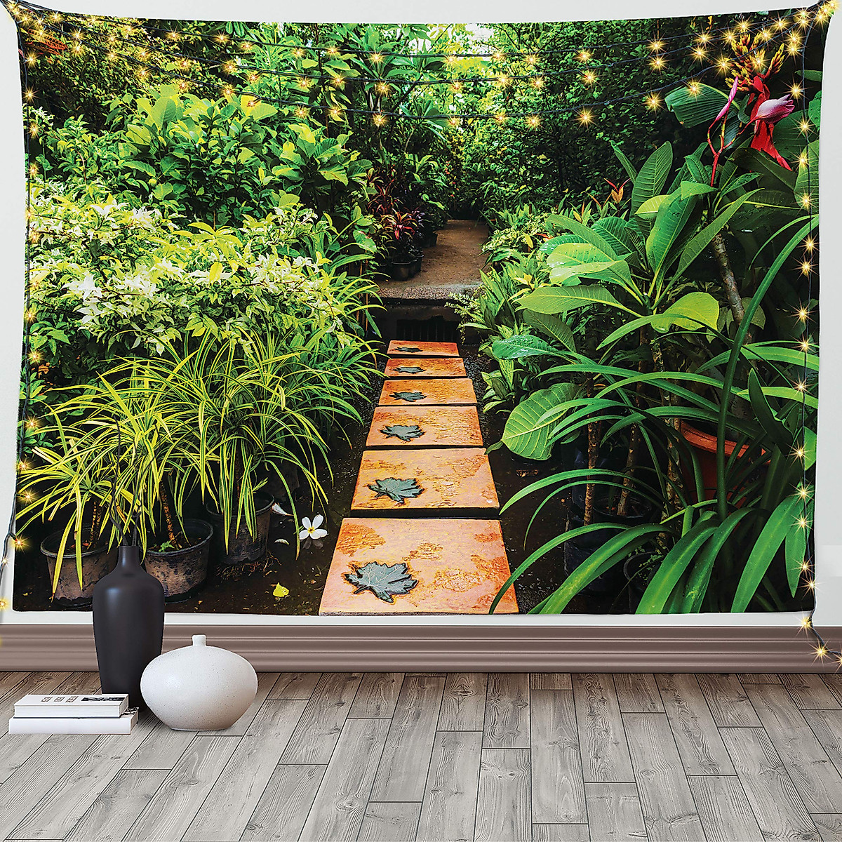 Ambesonne Peace Garden Tapestry, Garden with Tropical Plants and Wooden Path Tranquility Harmony Theme, Fabric Wall Hanging Decor for Bedroom Living Room Dorm, 90" X 60", Green Pale Brown