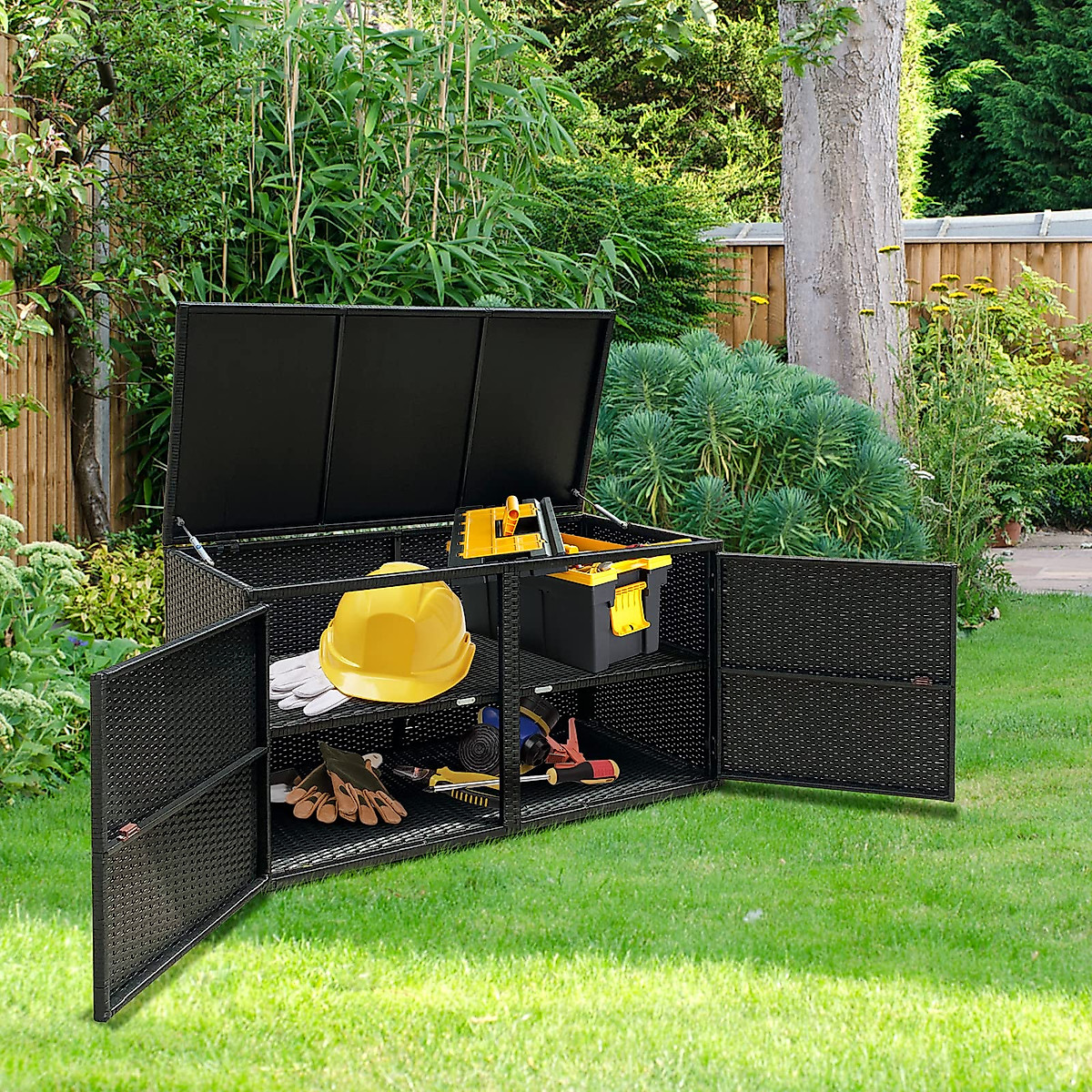 HAPPYGRILL Deck Box Outdoor Wicker Storage Box Cabinet, 88 Gallon Patio Rattan Storage Container Bin Box for Furniture Tools in Garden Balcony Porch Yard