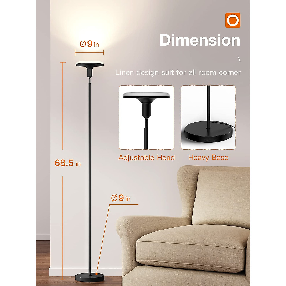 addlon Floor Lamp with Remote, Sky LED Modern Torchiere Tall Standing Lamp Super Bright Floor Lamps for Living Room, Bedroom and Office, 30W/2400LM - Black