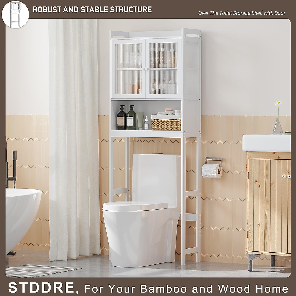 STDDRE Over The Toilet Storage Rack with Toilet Paper Holder Double Acrylic Door 3 Tier Freestanding Toilet Storage Rack Bathroom Storage Cabinet