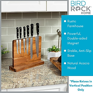 BIRDROCK HOME Wooden Magnetic Knife Block | Acacia Wood Knife Storage | Double-Sided Strong Magnetic Knife Holder | Knife Organizer for Kitchen & Space-Saving Design | No Knives Included | 12.8"Lx10"H