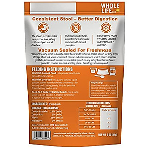 Whole Life Pet Pumpkin Powder for Dogs and Cats. Firms Stool, Relieves Diarrhea. Mix with Water for Instant Puree. No Mess or Waste from Cans. Human Grade Quality