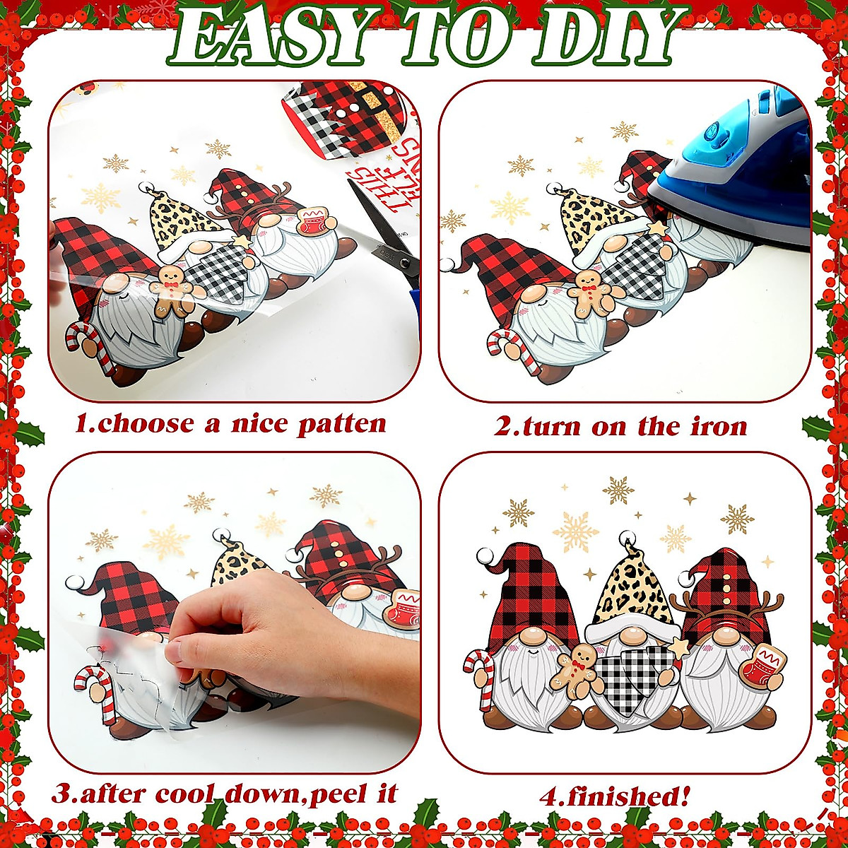 Perthlin 30 Pcs Christmas Iron on Transfers Xmas Iron on Decals Patches Appliques Heat Transfers Vinyl Cute Christmas Decals for Clothes Bag Pillow Covers DIY Decorations (Plaid Style)