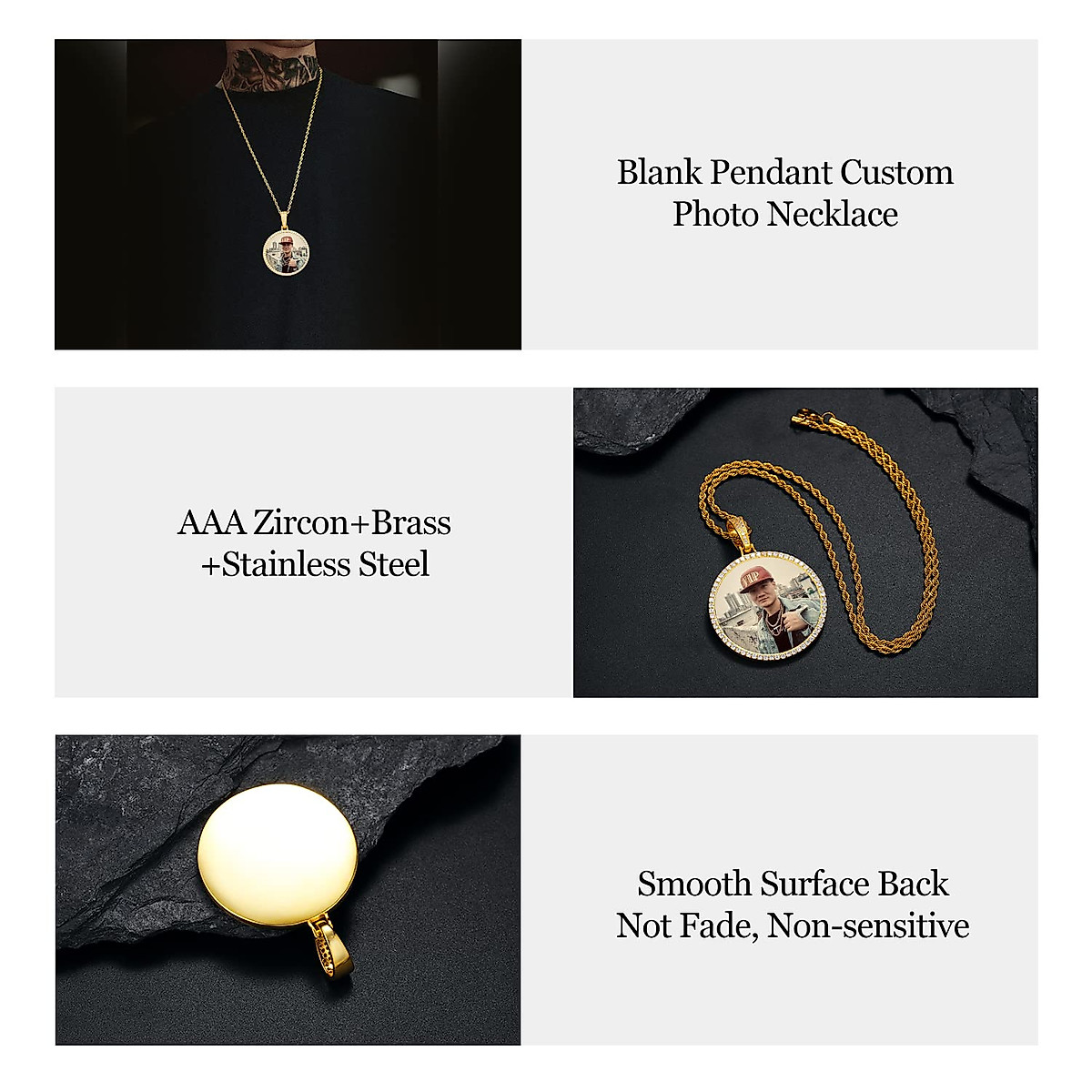 YIMERAIRE Custom Photo Necklace Personalized Picture Frame Necklace Blank Pendant for Women Round Memory Pendant Necklace with Rope Chain Hip Hop Jewelry for Men