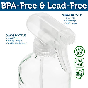 Sally's Organics® Empty Clear Glass Spray Bottles - Refillable 16 oz Containers for Essential Oils, Cleaning Products, Aromatherapy, Misting Plants, or Cooking - Sprayer with Mist and Stream - 2 Pack