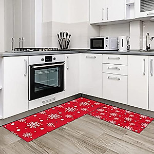 Miaklek Red Snowflakes Rugs for Kitchen Floor, Farmhouse Kitchen Mats Cushioned Anti Fatigue 1 Piece Set, Anti-Fatigue Mats Kitchen Runner Rug 18x47.2in, Seasonal Winter Christmas Holiday Decorations