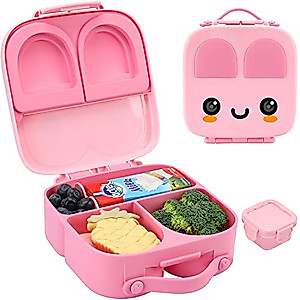 TWOKIWI Bento Lunch Box for Kids - Lunch Containers with 4 Compartments Includes Sauce Jar & Removable Divider, Durable, BPA-Free, Food-Safe Materials (Pink)