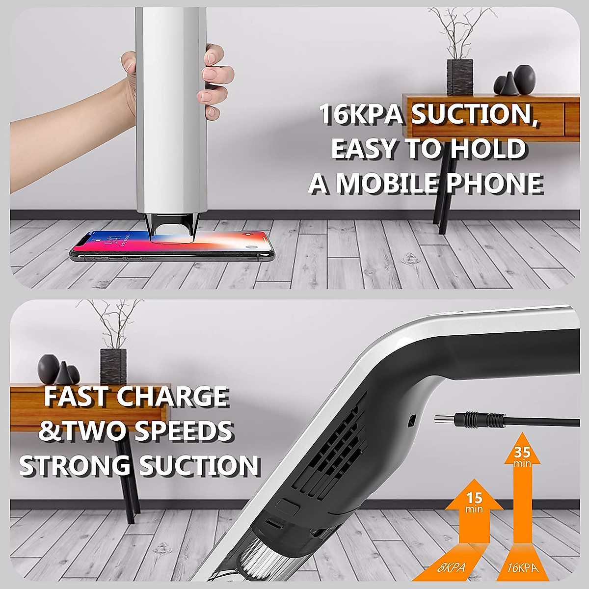 Handheld Car Vacuum - 2 Speeds Suction 15KPA Handheld Vacuum Cleaner, Rechargeable Comfortable Car Vacuum Cordless for Home and Car Cleaning…