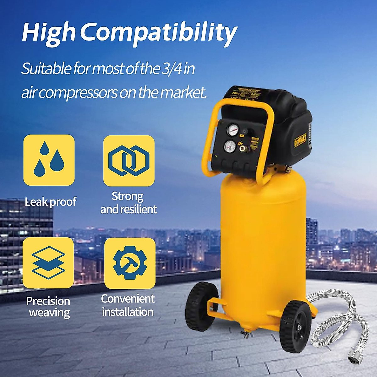 LISMODZ Compressor Jumper Hose, 3/4" NPT Male x 20" Length - Flexible Industrial Grade Stainless Steel Hose with Two 3/4" Adapters, 450 PSI &750°F, Both Sides Fittings Rotate Freely