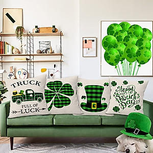 SIBOSUN St Patricks Day Pillow Covers 18x18 Inch Set of 4 Clover Black and Green Buffalo Plaid Shamrock Decorative Throw Pillowcase Lucky Clovers Linen Cushion Case for Home Couch Sofa Decorations