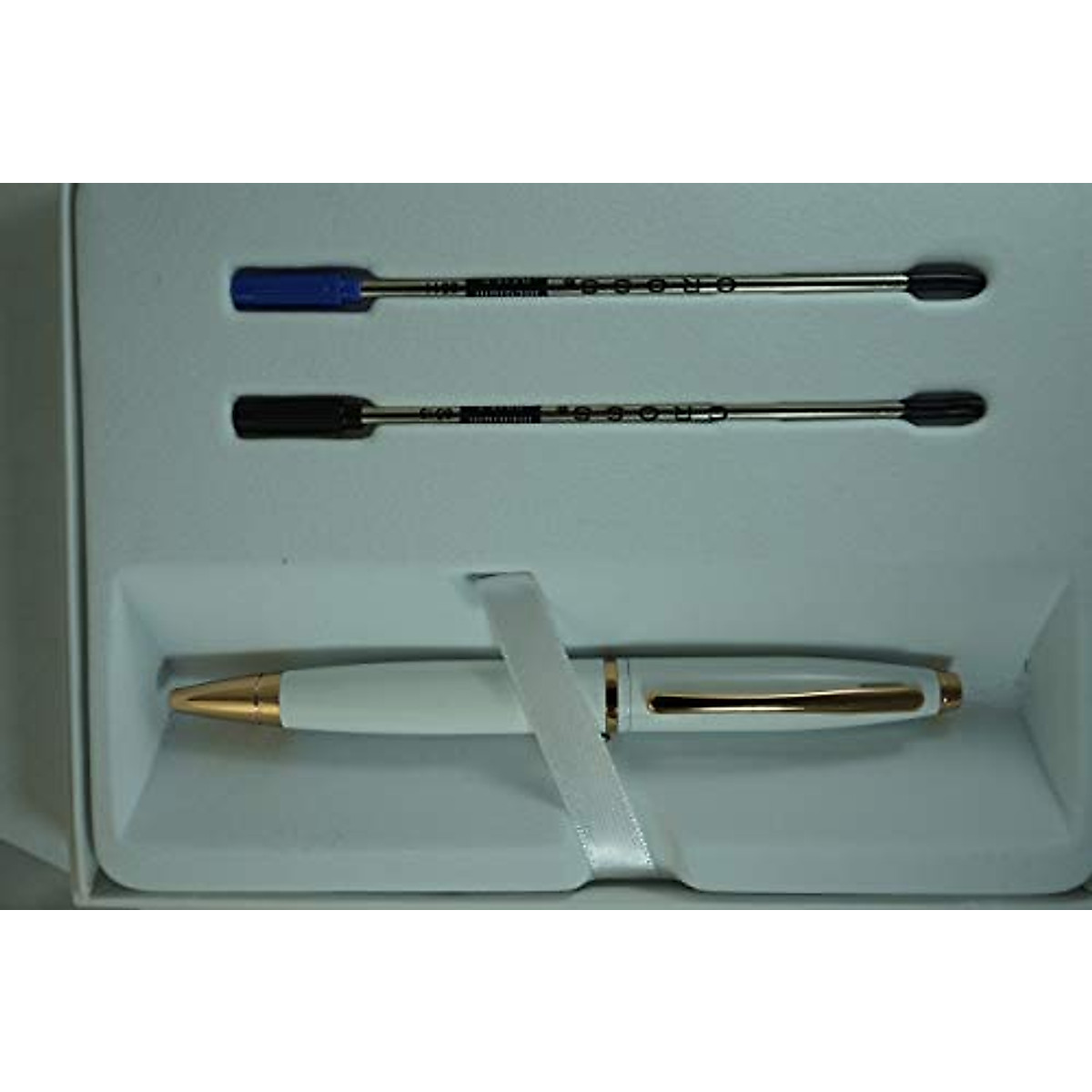 A.T. Cross Pearlescent White Medalist and 23KT Rose Gold Appointments and Cross signature mid Band Calaise Ballpoint Pen and two Bonus refills . A Gift Pen for Anyone and Any Occasion